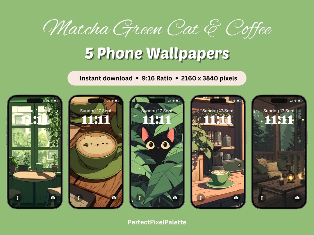 Matcha Green Cat and Coffee Aesthetic Wallpapers, Cute and Cozy iPhone ...
