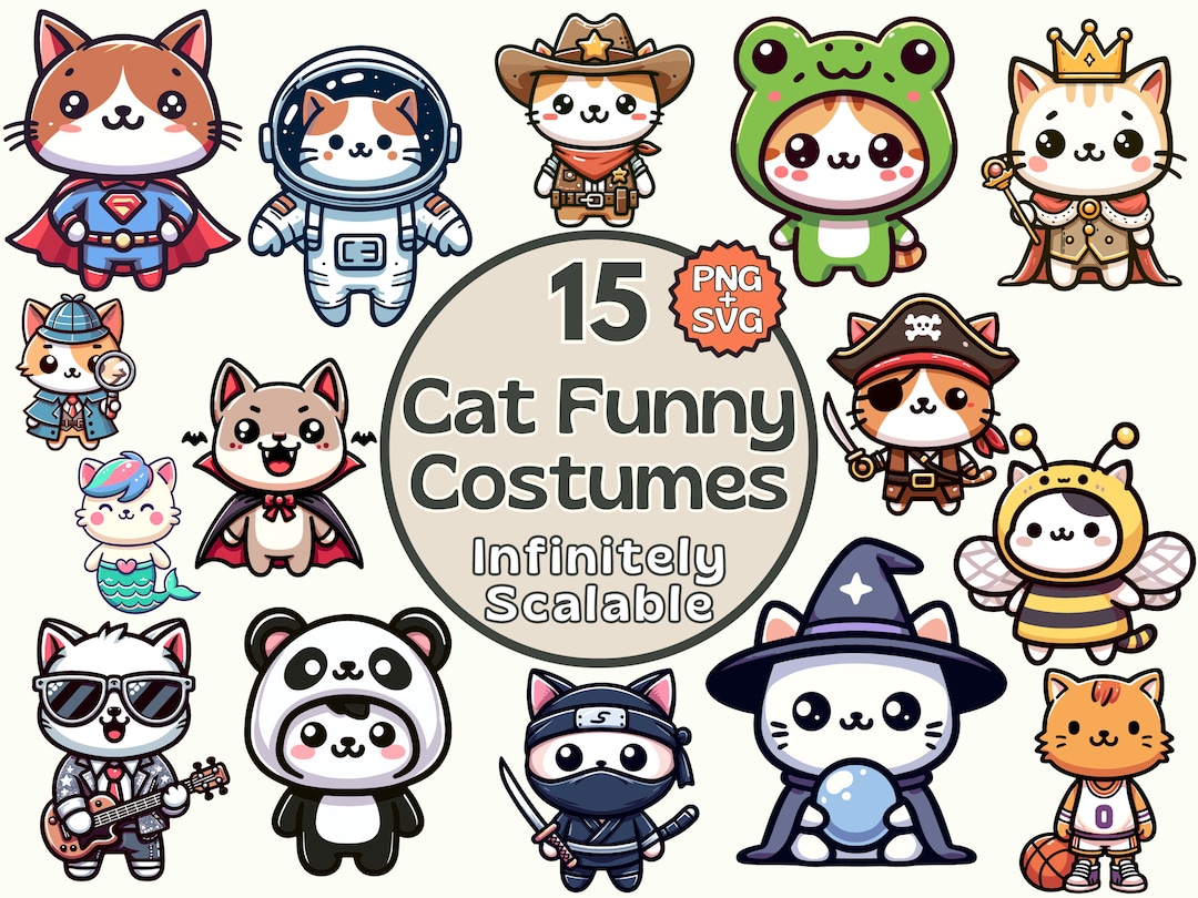 15 Cat in Costumes Designs | Cat Sublimation | Kawaii Cat Funny ...