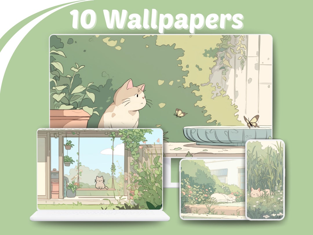 Green Cats and Plants Wallpaper for Desktop & Mobile, Japanese Cozy ...