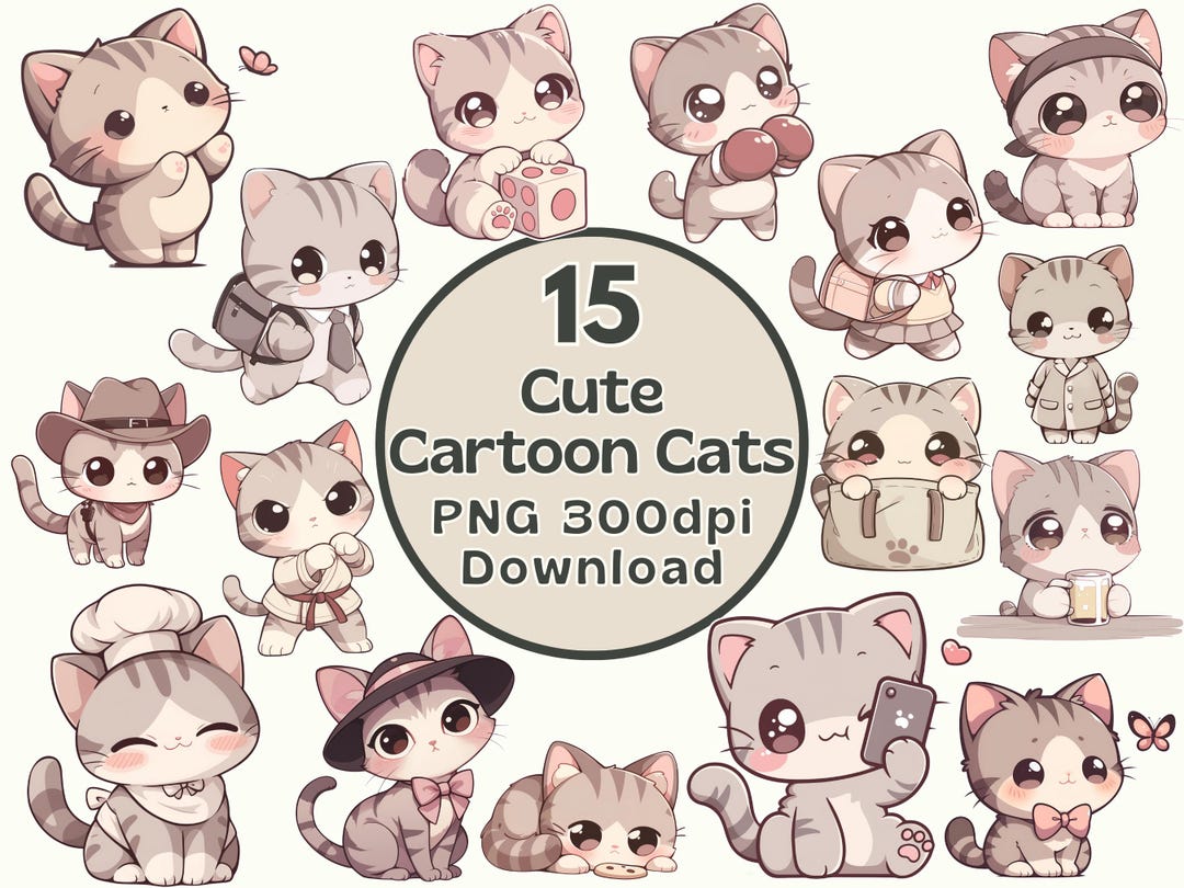 Cute Kawaii Cat Stickers Pack 15 Digital Cat Decals, Kitten Prints ...