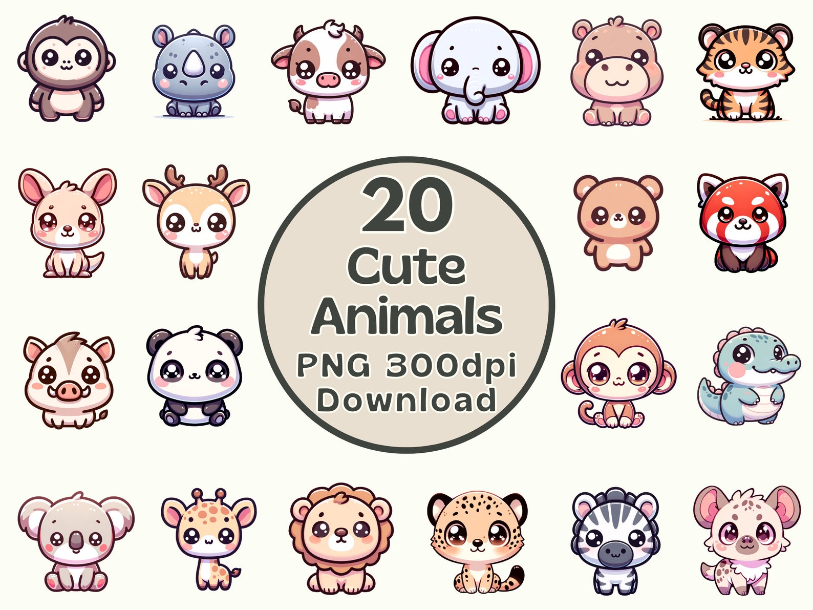 Cute Animal Clipart Bundle, Kawaii Animal PNG Bundle, Digital Stickers ...