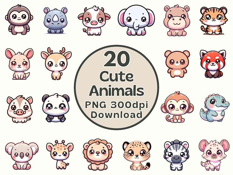 Cute Animal Clipart Bundle, Kawaii Animal PNG Bundle, Digital Stickers ...