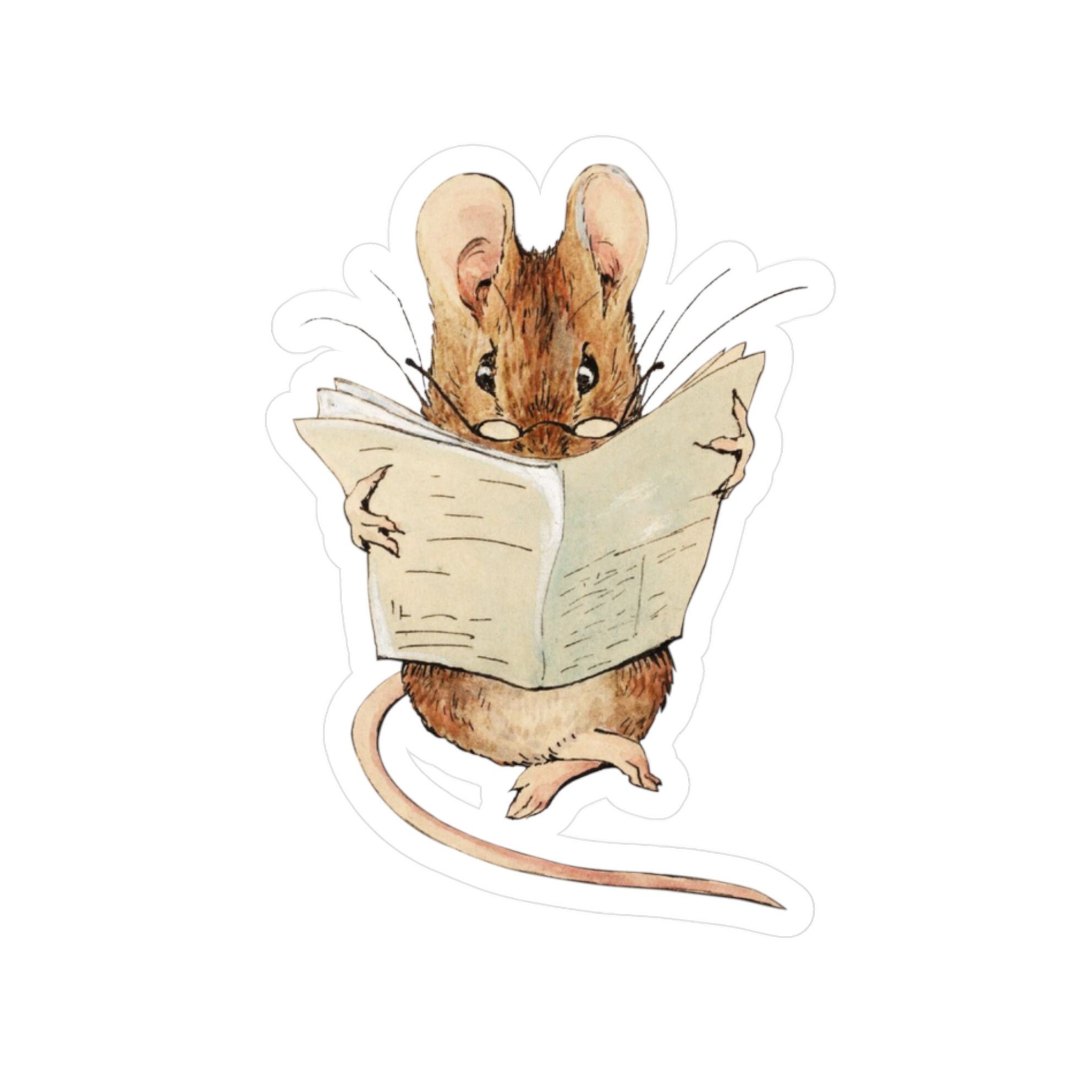 Vintage Mouse Vinyl Sticker, Kiss Cut Decal, Cute Mouse Reading a Book ...