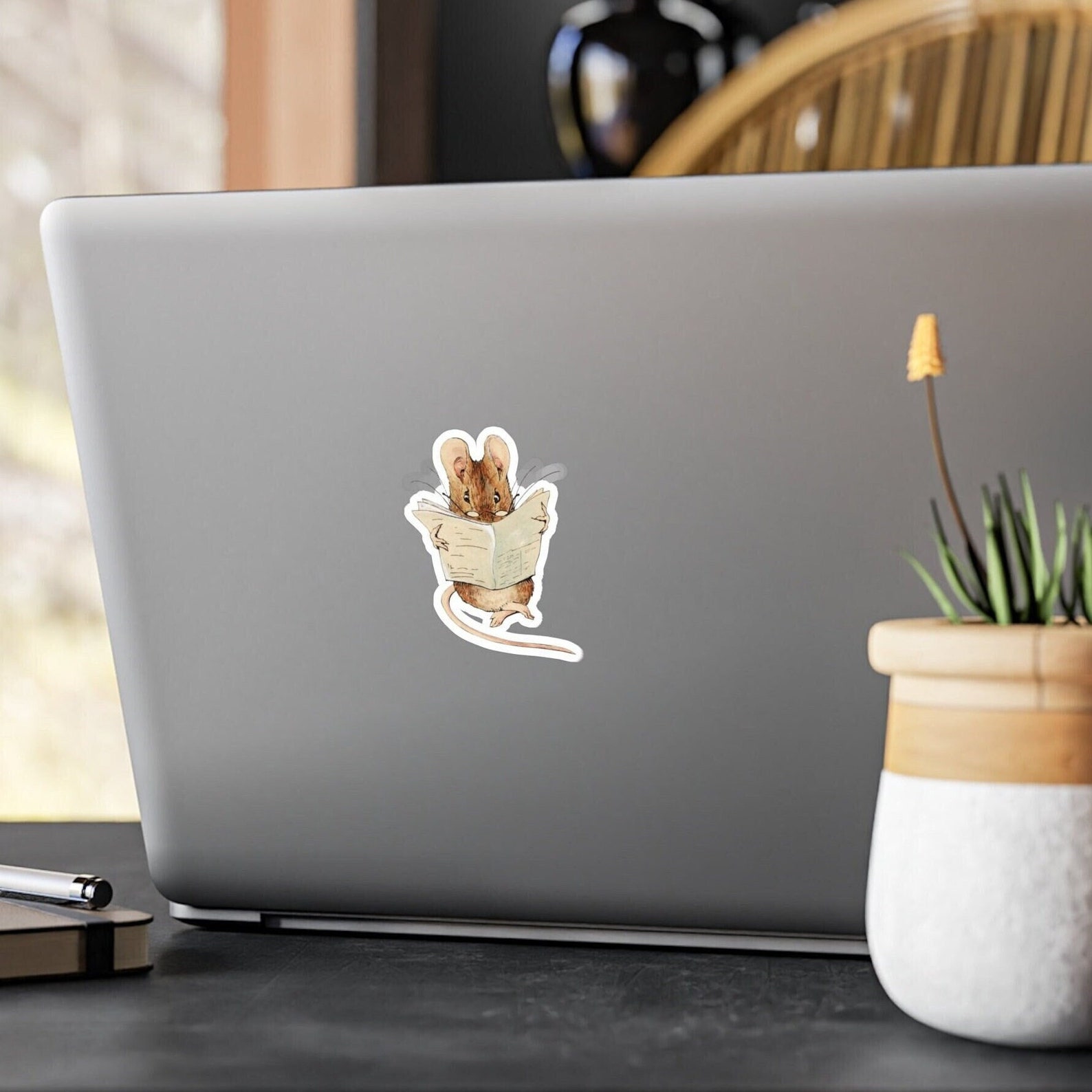 Vintage Mouse Vinyl Sticker, Kiss Cut Decal, Cute Mouse Reading a Book ...
