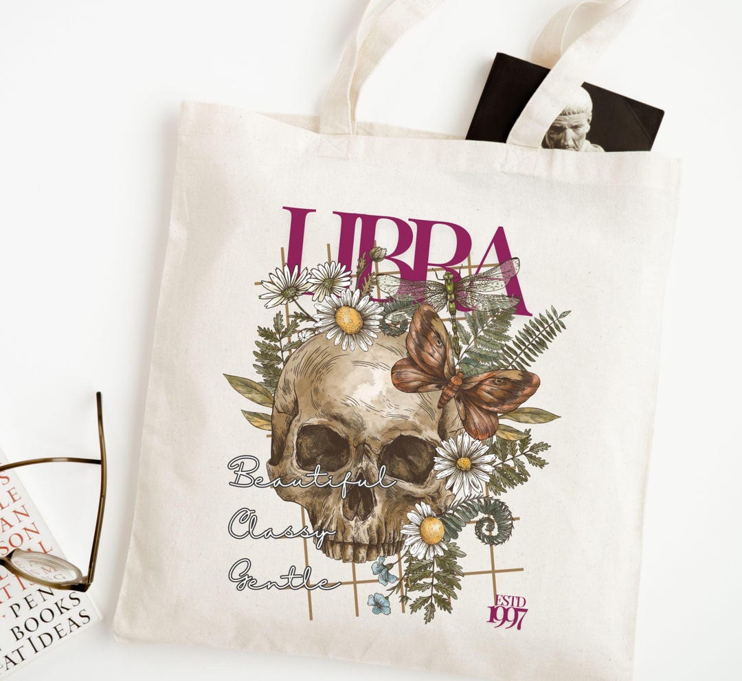 Custom Libra Tote Bag: Skull Floral Design, Personalized Birth Year - Etsy