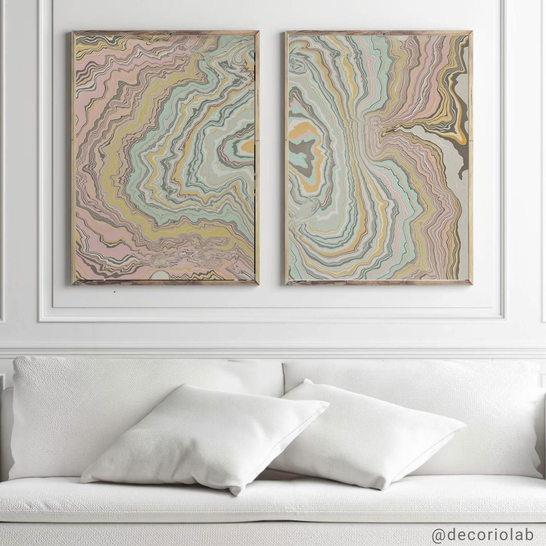 HAND-PAINTED Abstract Naturalism Art Set of 2 Japanese Suminagashi ...