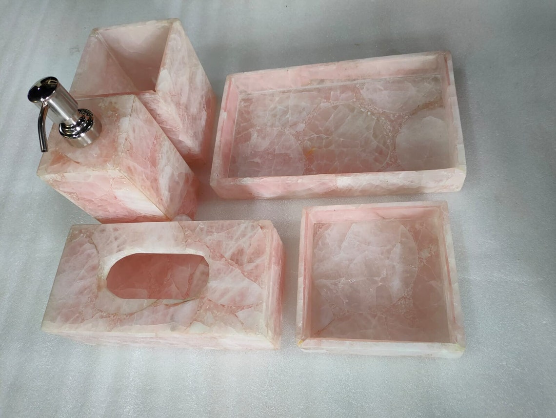 Natural Rose Quartz 5 Pcs Bathroom Set, Pink Rose Quartz Agate Bath Set ...