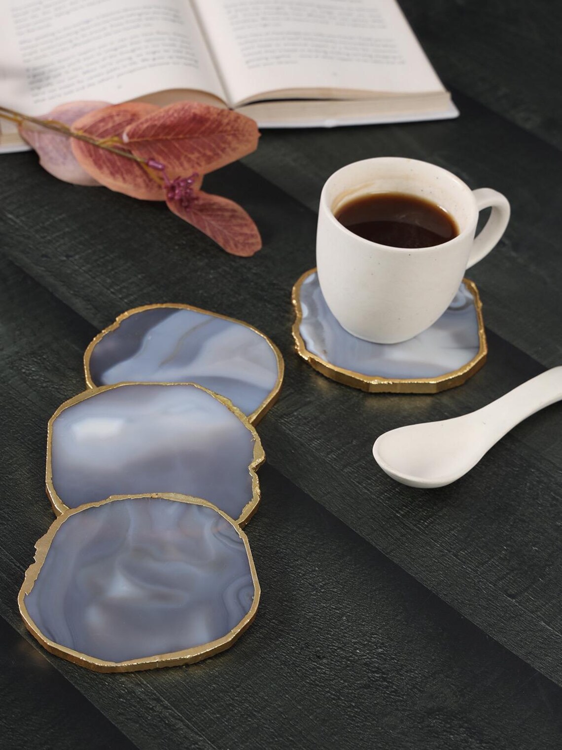Natural Grey Agate Coasters With Gold Rim Set of 4 - Etsy