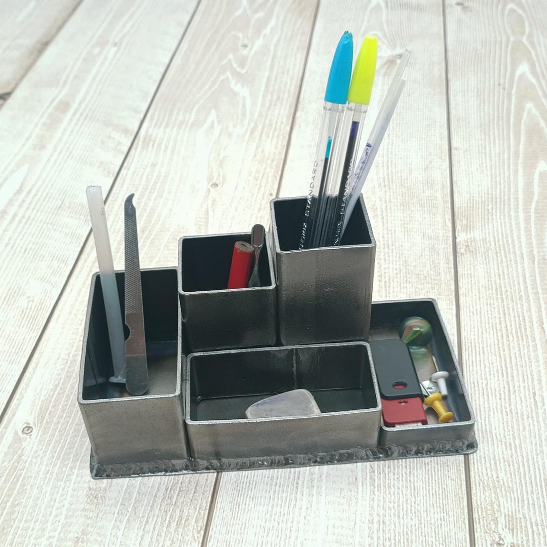 Welded Steel Desk Organizer: Industrial Pen Holder, Handmade Office ...