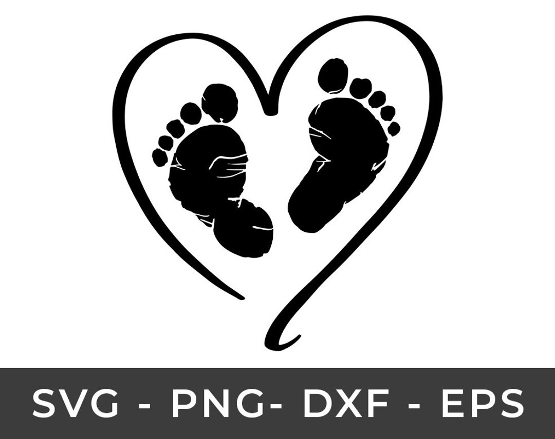 Detailed Baby Footprint Black, Baby Feet Heart PNG Instant Download SVG ...