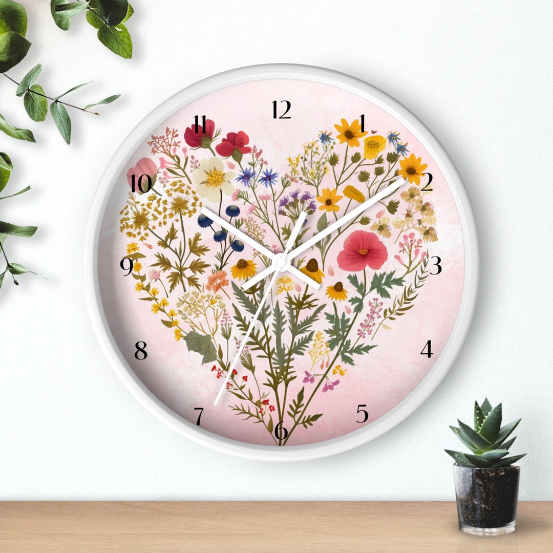 Heart Flower Clock, Flower Wall Clock, Heart Wall Clock, Pressed Flower ...
