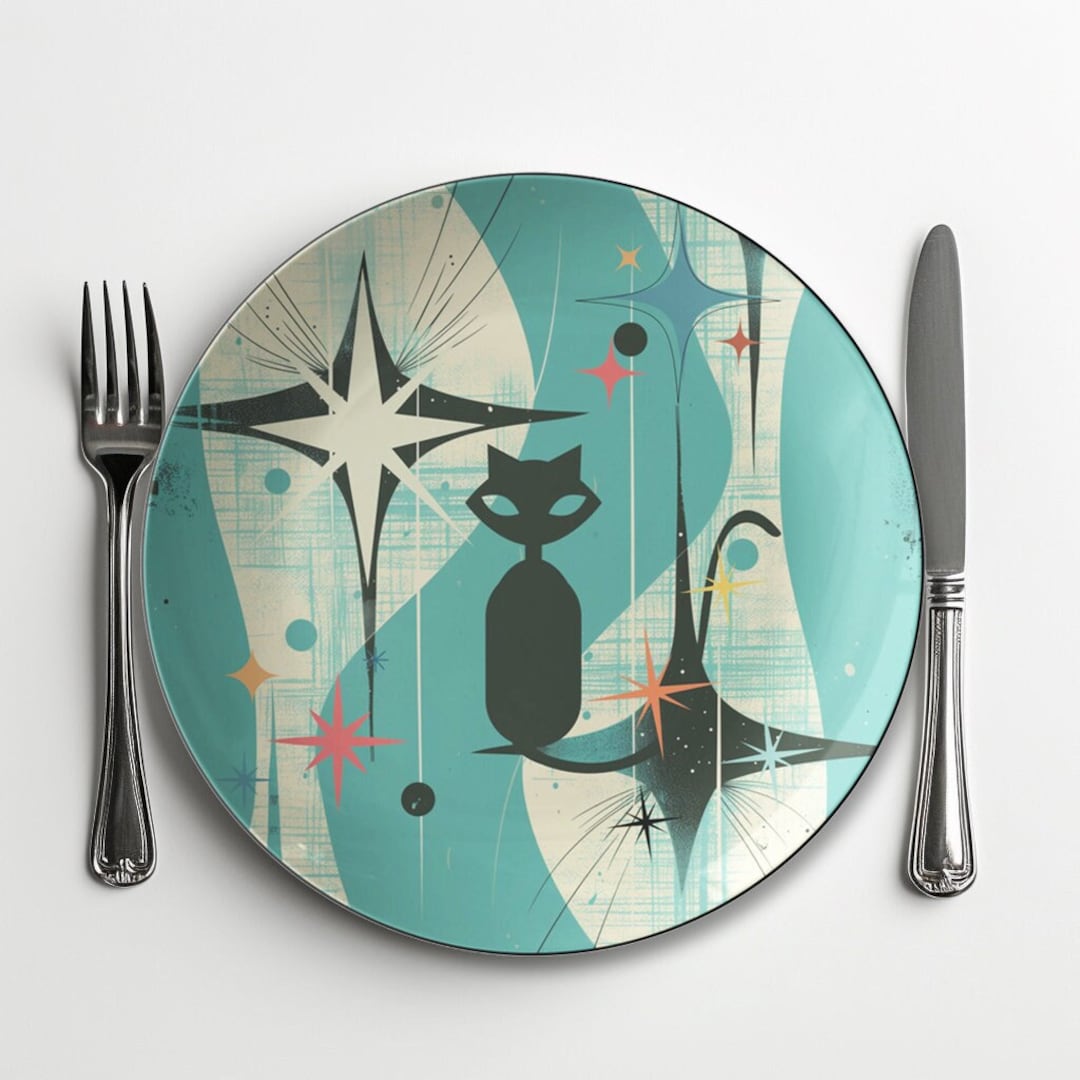 Vintage Atomic Cat Dinner Plates - Retro Tableware, Colorful ...