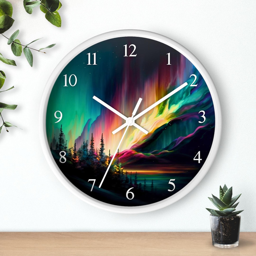 Vibrant Aurora Borealis Wall Clock: Nature-inspired Timepiece for Home ...