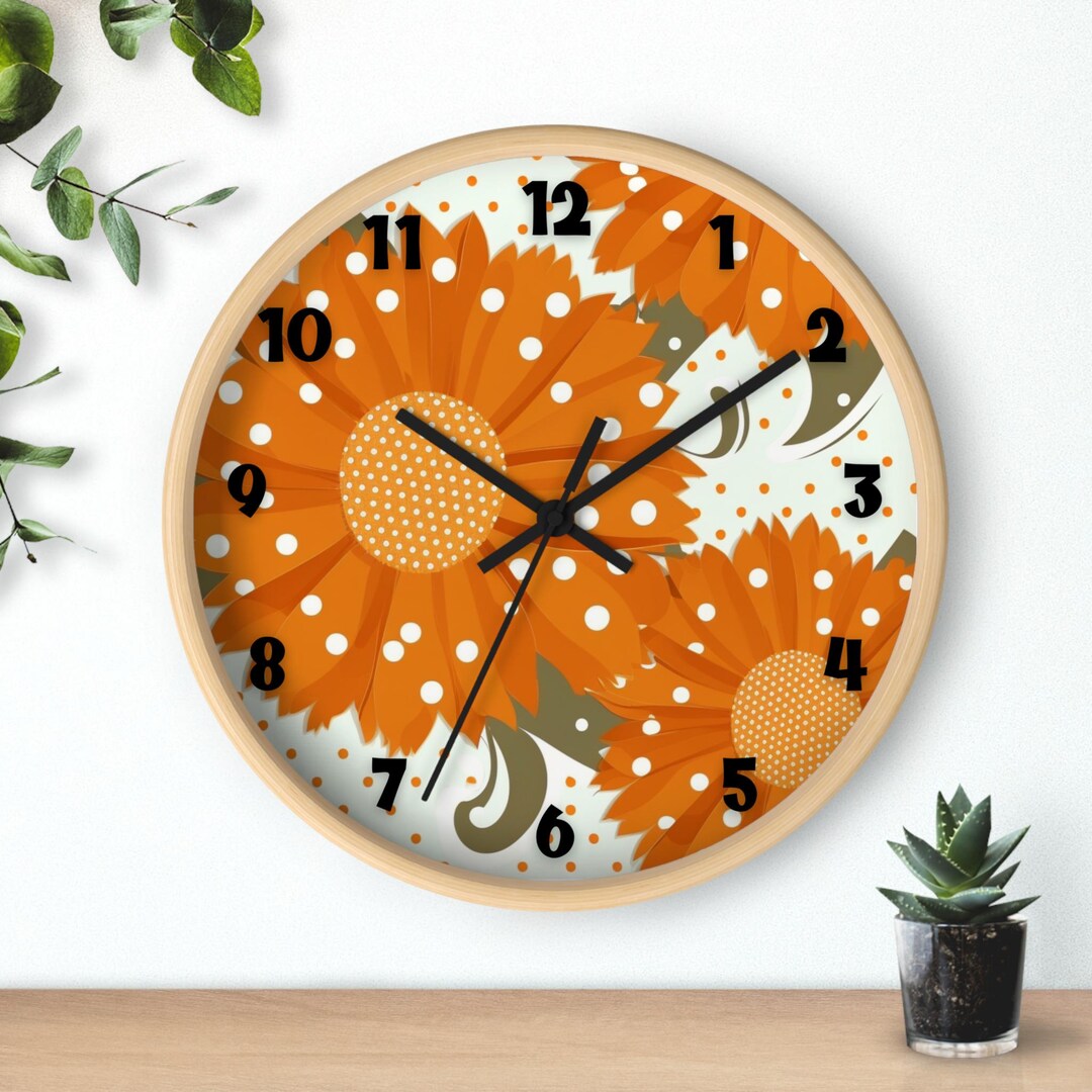 Floral Retro Wall Clock - Bright Orange Flower Design, Home Decor, Gift ...