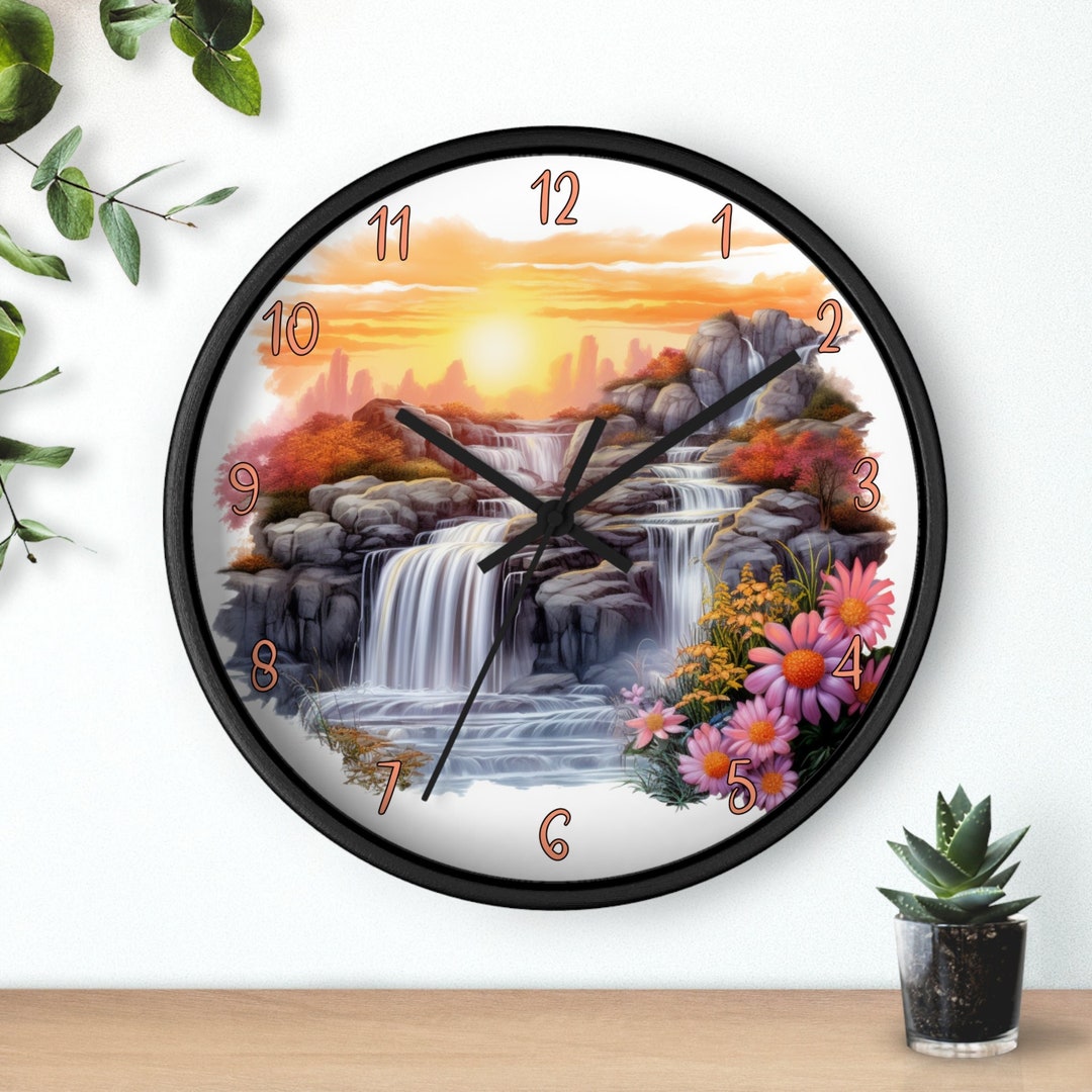Tropical Wall Clock, Waterfall Wall Clock, Watercolor Clock, Waterfall ...