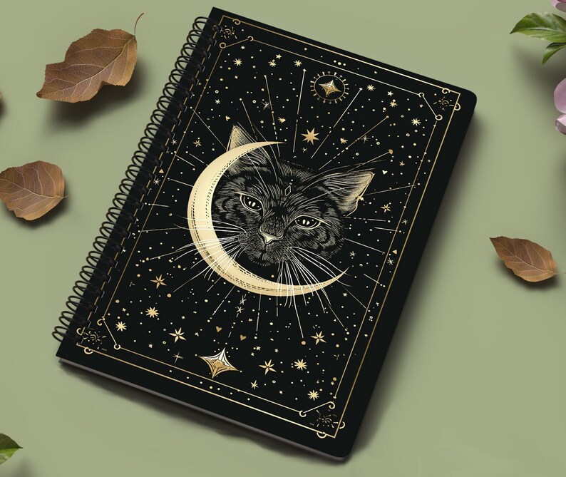 Mystical Cat Journal: Black & Gold Spiral Notebook for Writers - Etsy