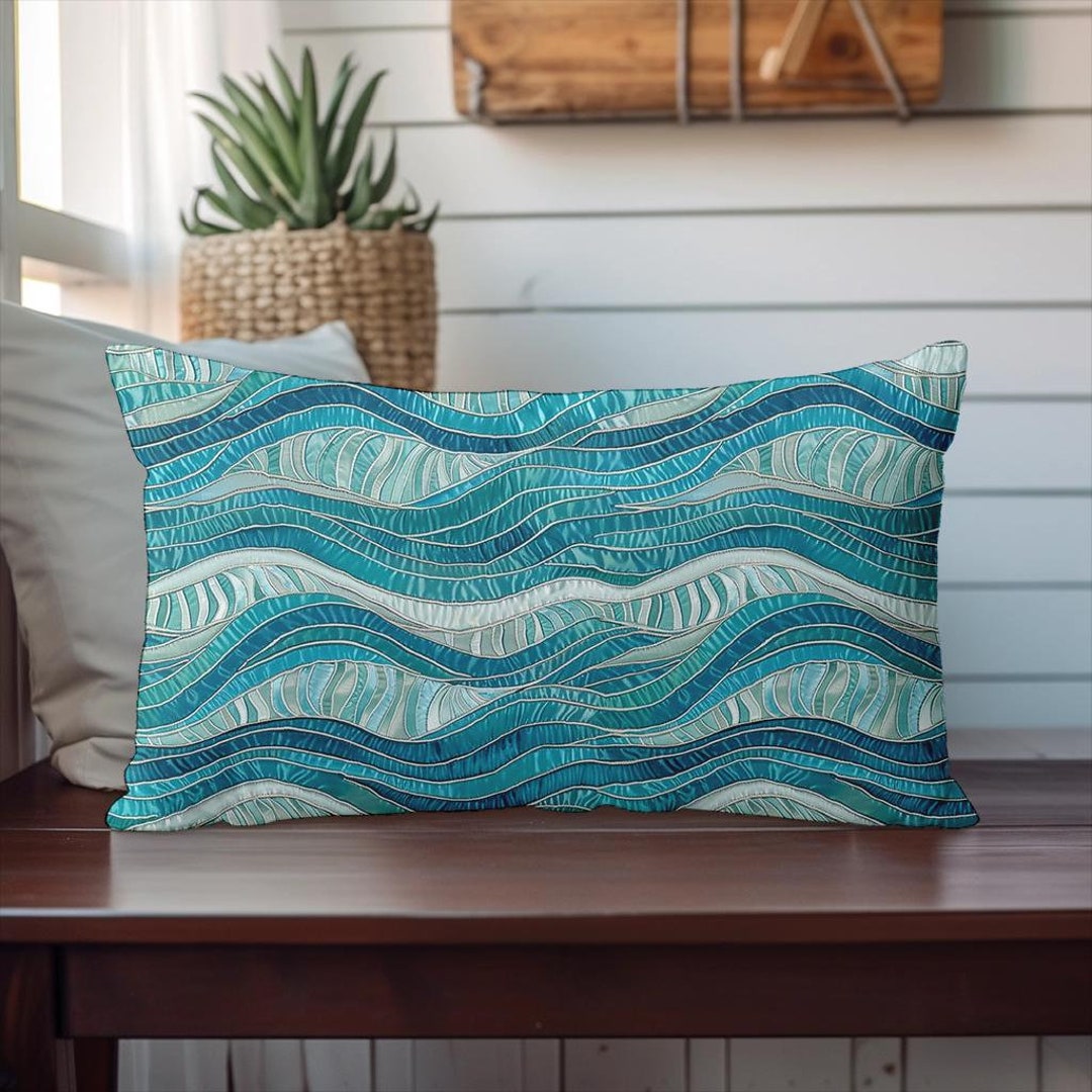 Ocean-inspired Blue Wave Lumbar Pillow - Decorative Coastal Cushion for ...