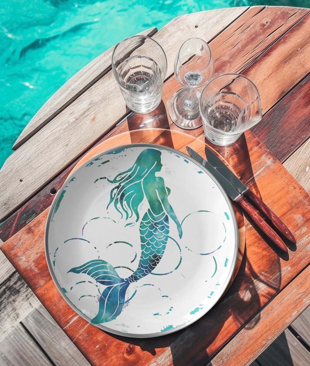 Mermaid Dinner Plate, Cute Mermaid Plates, Everyday Dinnerware, Beach ...