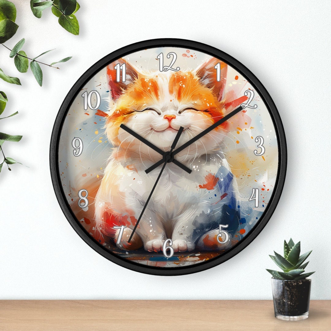 Happy Cat Clock, Colorful Watercolor Cat Wall Clock: Unique Artistic ...