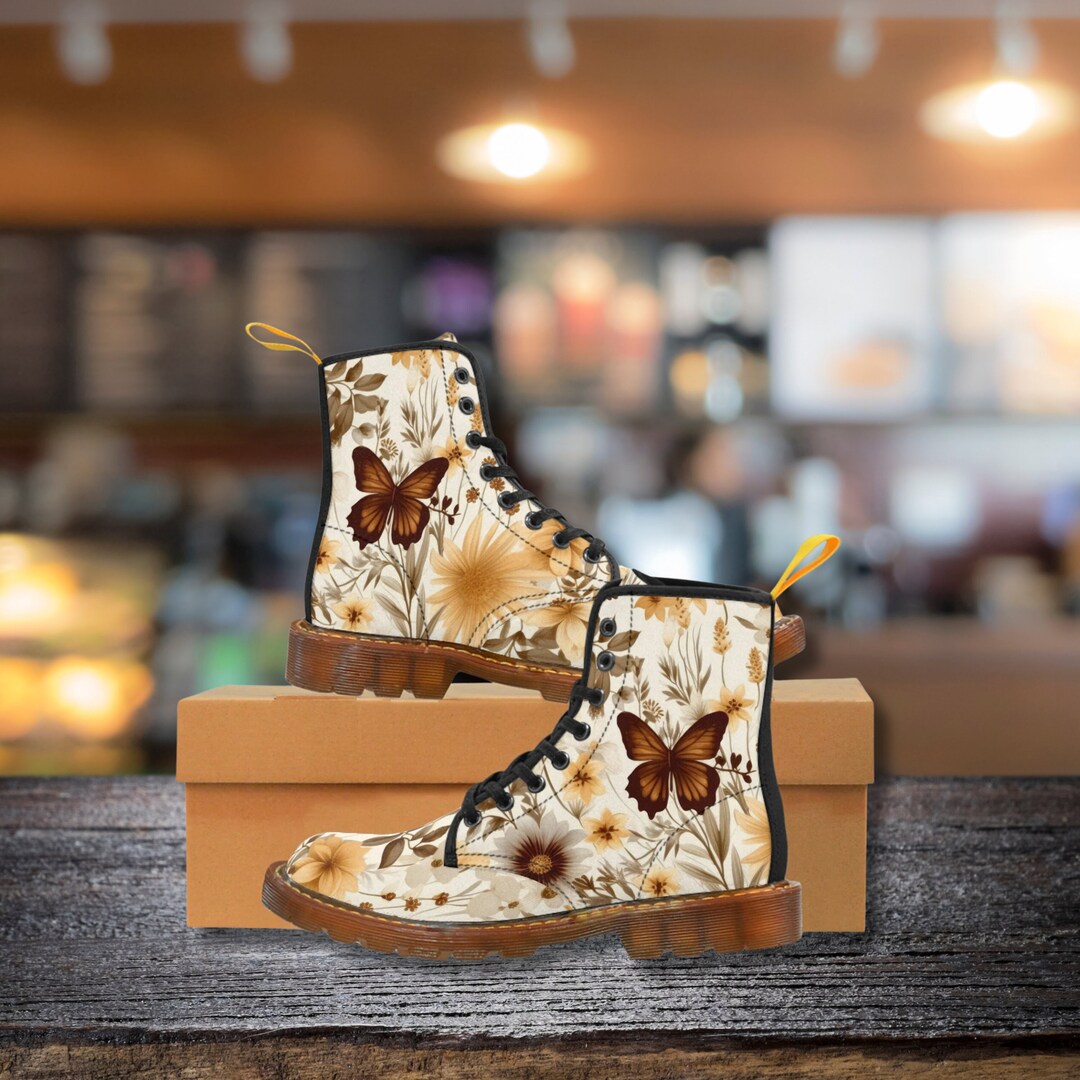 Brown Butterfly & Flower Boots, Women's Canvas Boots, Flower Boots ...