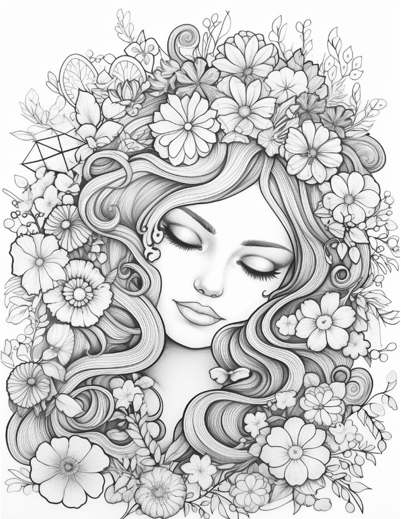 Floral Women Coloring Pages: 25 Printable Flower Designs (PDF) - Etsy