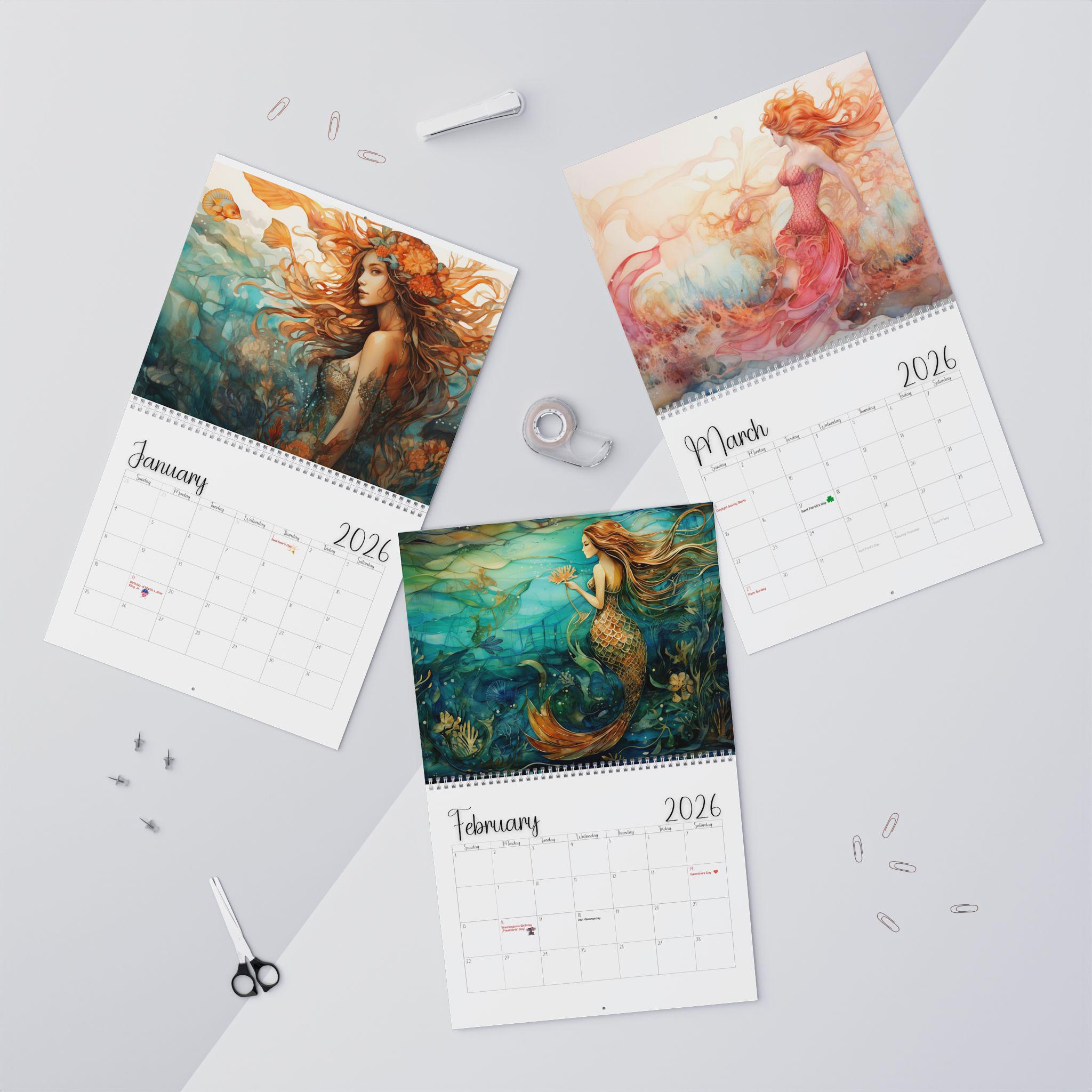 2026 Mermaid Ocean Wall Calendar: Underwater Sea Creature Art Planner ...