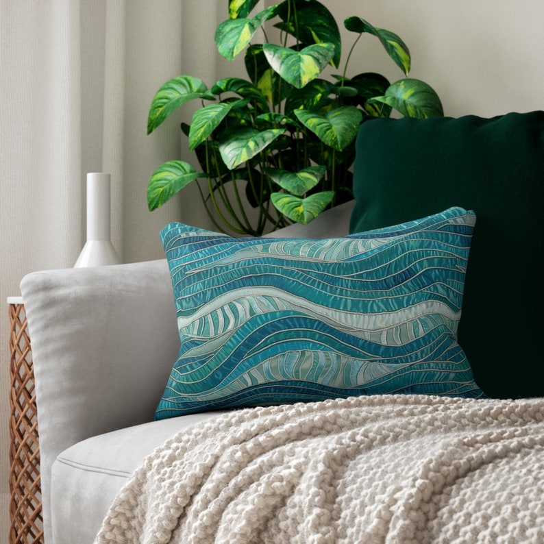 Ocean-inspired Blue Wave Lumbar Pillow - Decorative Coastal Cushion for ...