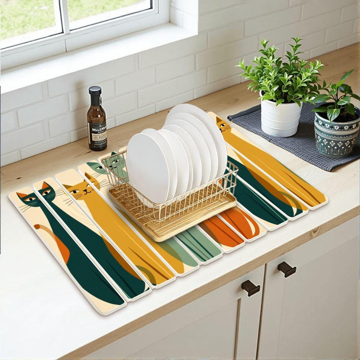 Vintage-inspired Feline Dish Drying Pad: Absorbent Kitchen Counter ...