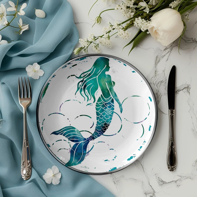 Mermaid Dinner Plate, Cute Mermaid Plates, Everyday Dinnerware, Beach ...