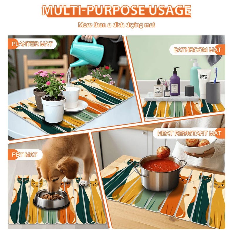 Vintage-inspired Feline Dish Drying Pad: Absorbent Kitchen Counter ...