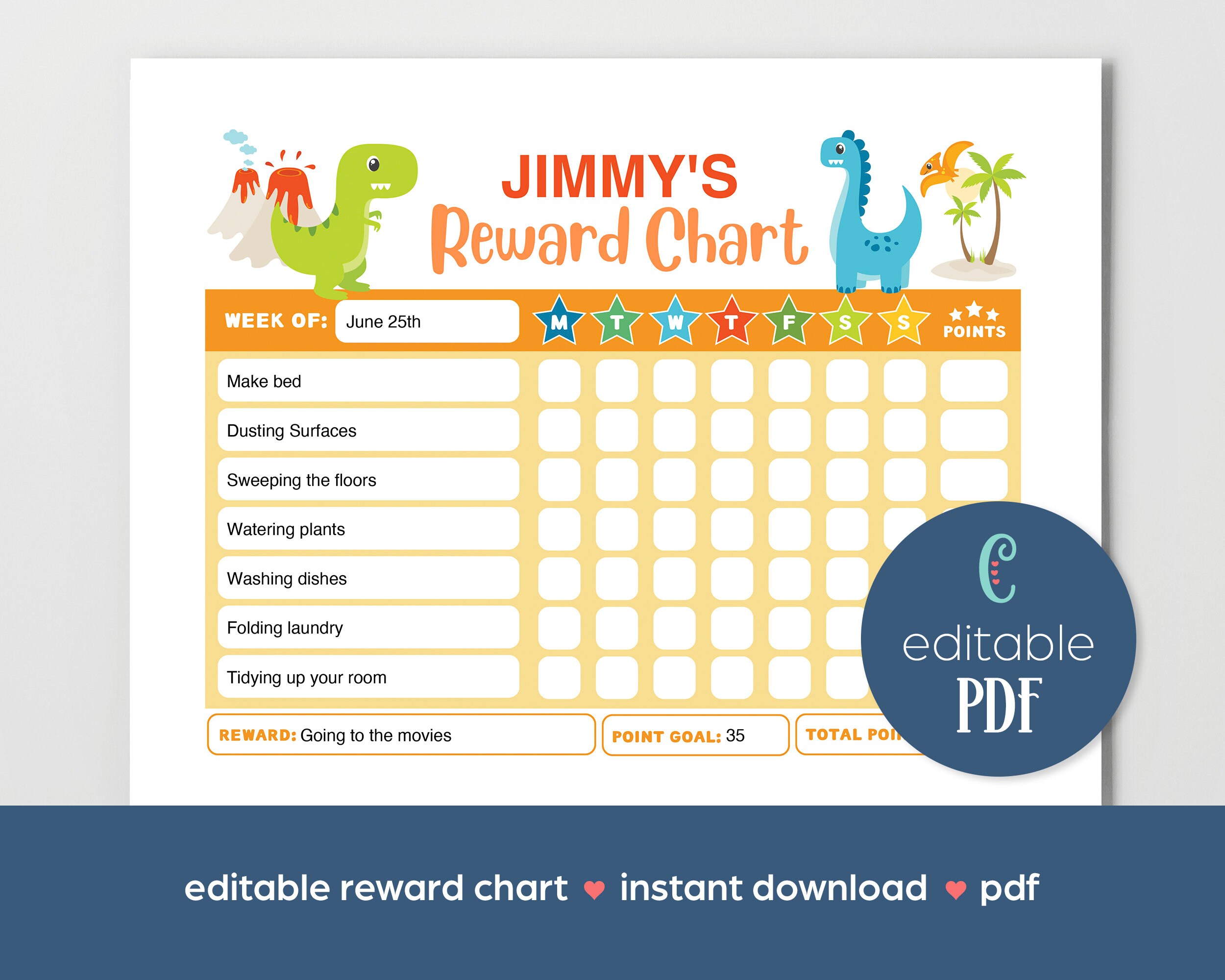 EDITABLE Dinosaur Reward Chart, Chore Chart, Boy Reward Chart, Daily ...