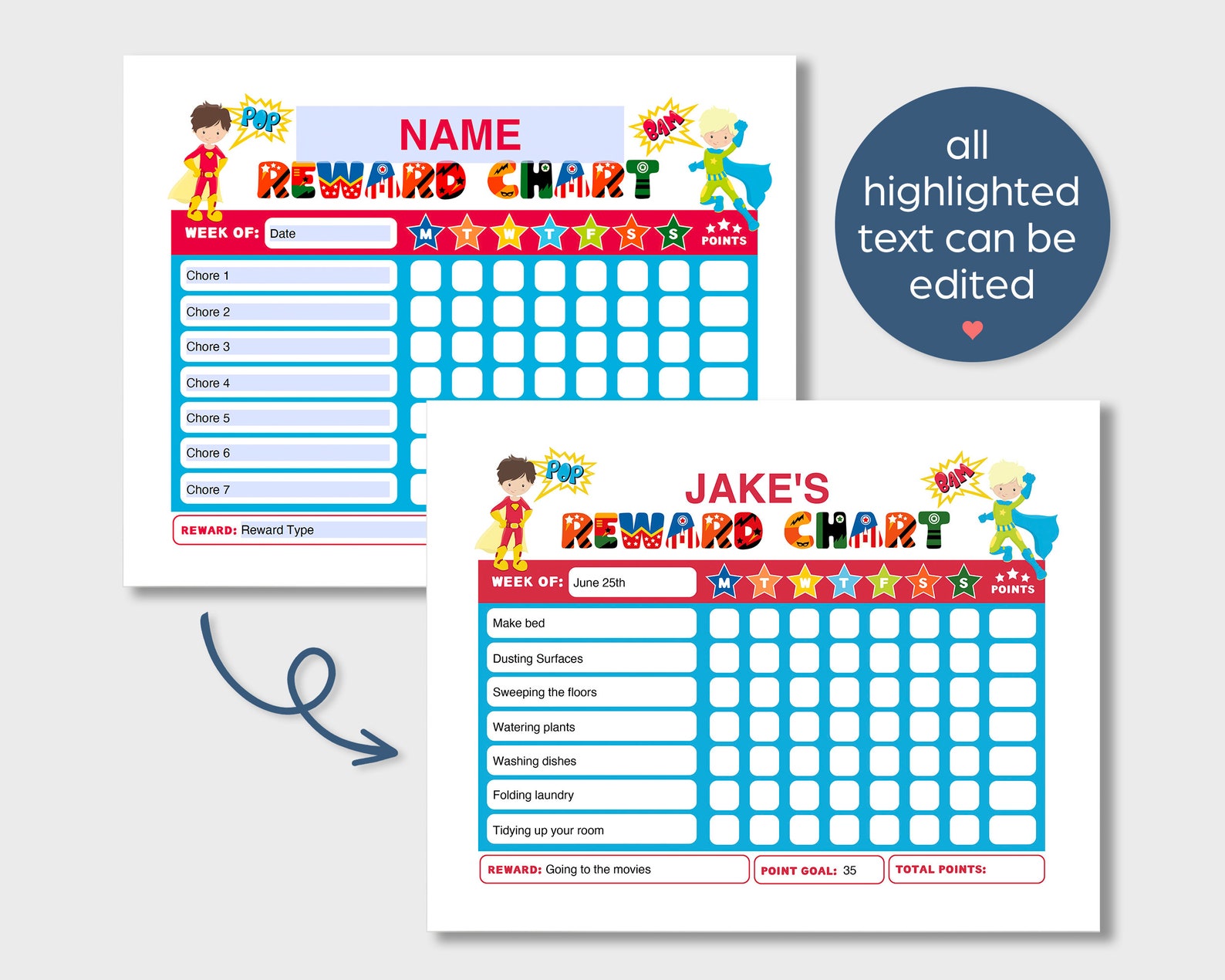EDITABLE Superhero Reward Chart, Chore Chart, Boy Reward Chart, Daily ...