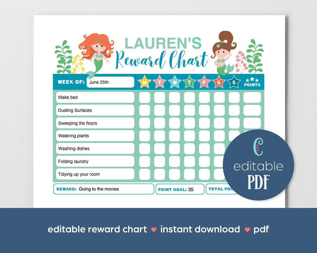 EDITABLE Mermaid Reward Chart, Chore Chart, Girls Reward Chart, Daily ...