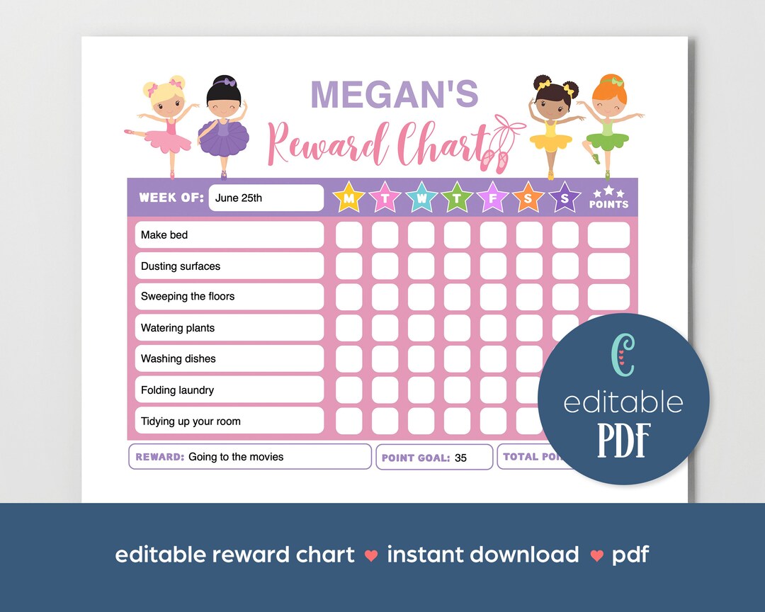 EDITABLE Ballerina Reward Chart, Chore Chart, Girls Reward Chart, Daily ...