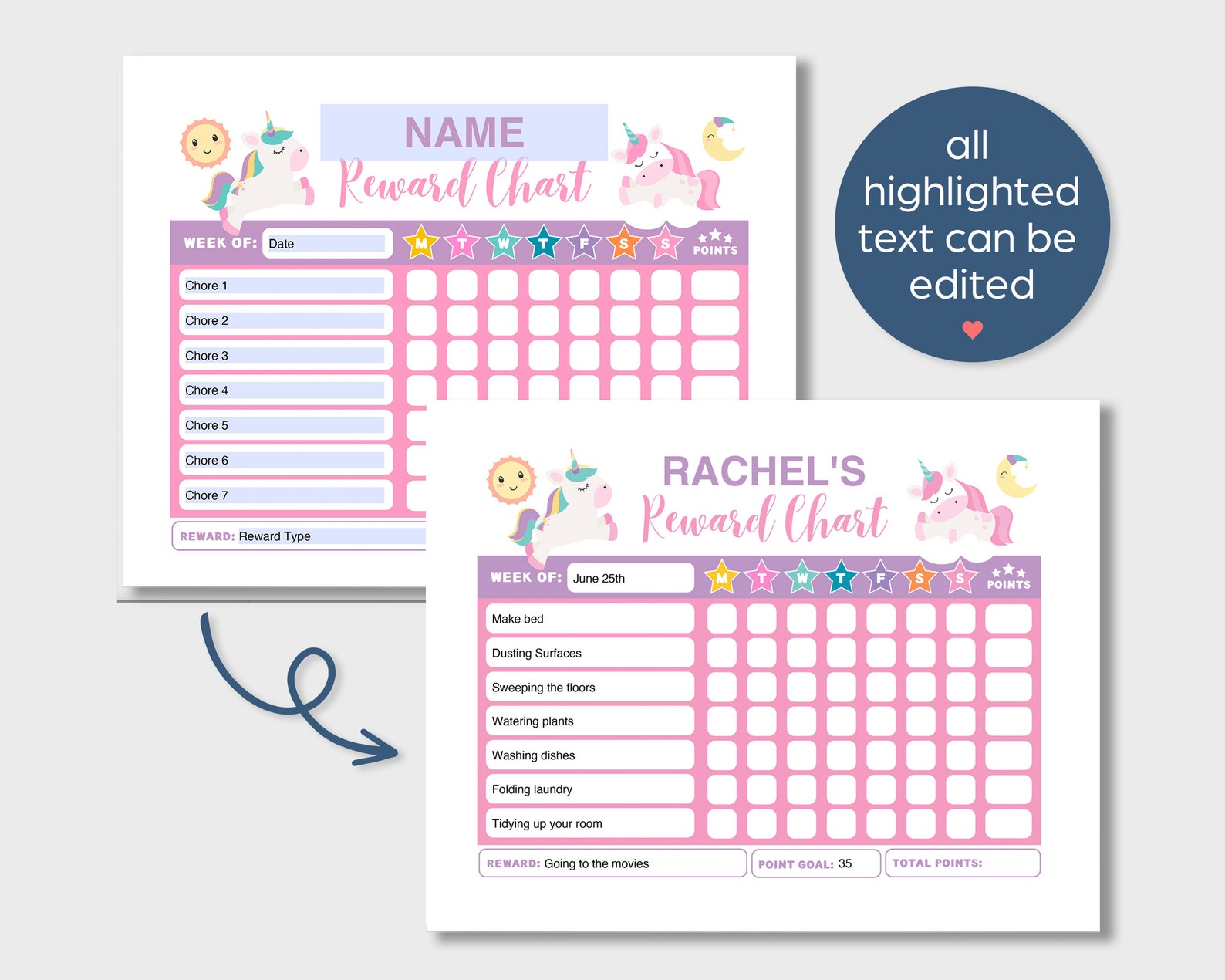 EDITABLE Unicorn Reward Chart, Chore Chart, Girls Reward Chart, Daily ...