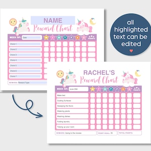 EDITABLE Unicorn Reward Chart, Chore Chart, Girls Reward Chart, Daily ...