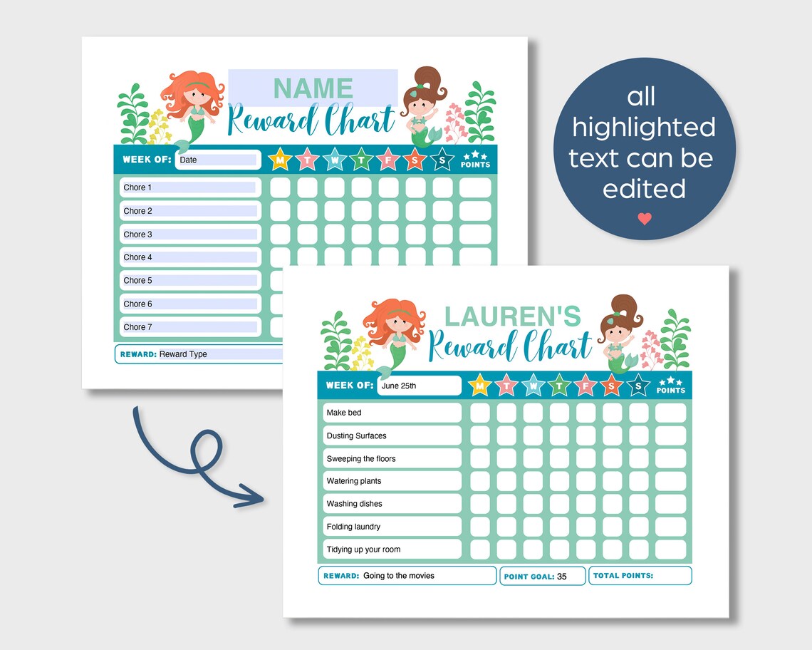 EDITABLE Mermaid Reward Chart, Chore Chart, Girls Reward Chart, Daily ...
