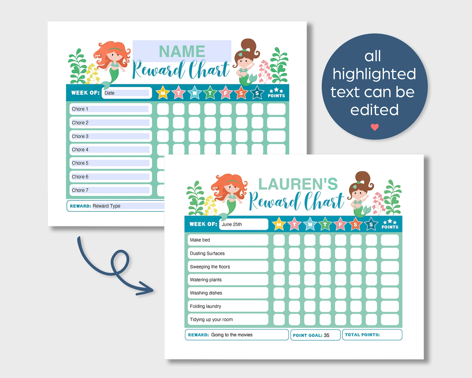 EDITABLE Mermaid Reward Chart, Chore Chart, Girls Reward Chart, Daily ...
