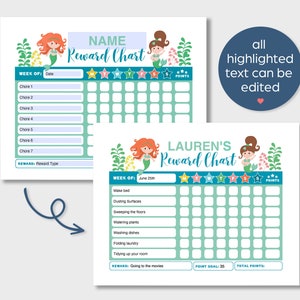 EDITABLE Mermaid Reward Chart, Chore Chart, Girls Reward Chart, Daily ...