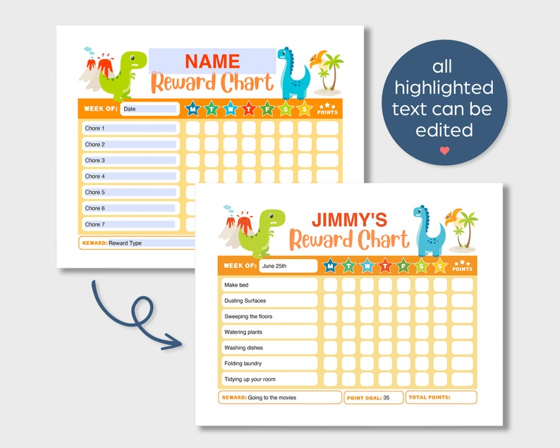 EDITABLE Dinosaur Reward Chart, Chore Chart, Boy Reward Chart, Daily ...