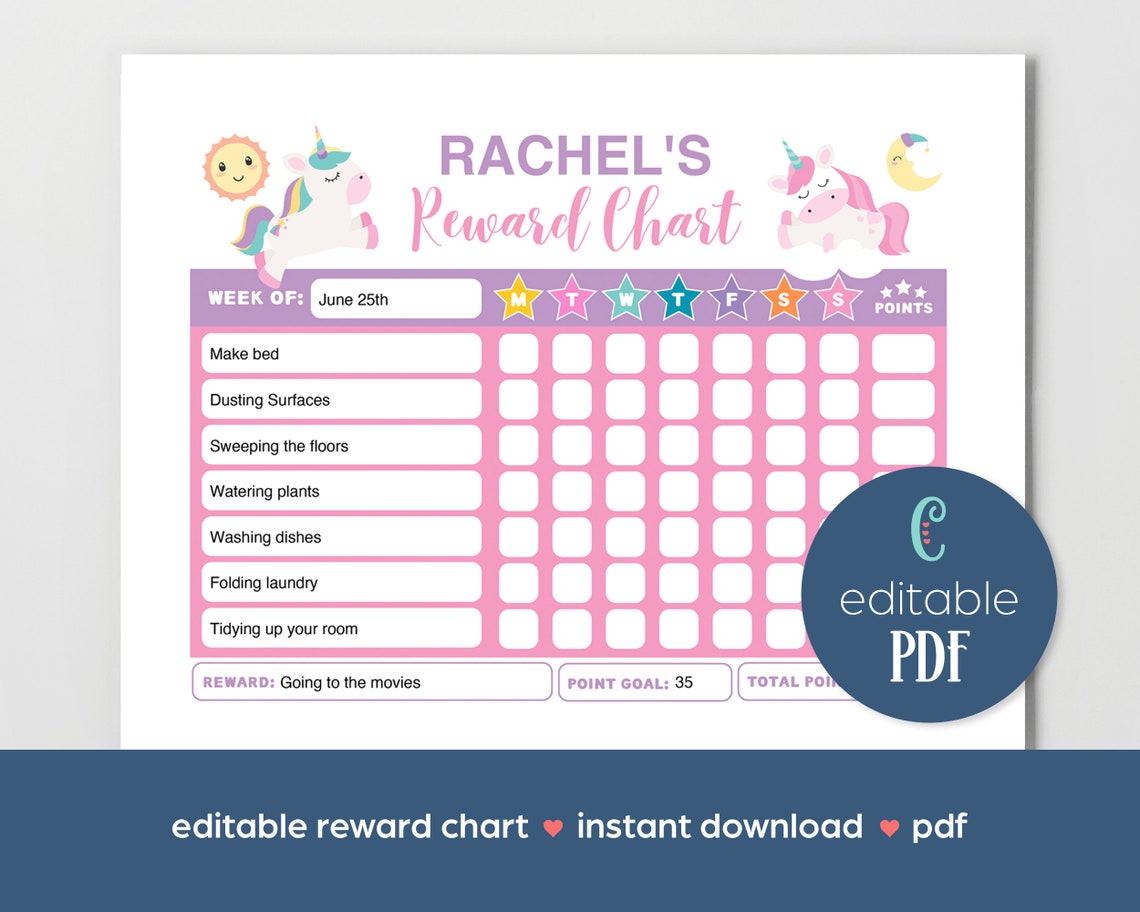 EDITABLE Unicorn Reward Chart, Chore Chart, Girls Reward Chart, Daily ...