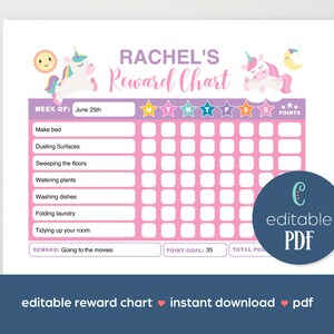 EDITABLE Unicorn Reward Chart, Chore Chart, Girls Reward Chart, Daily ...