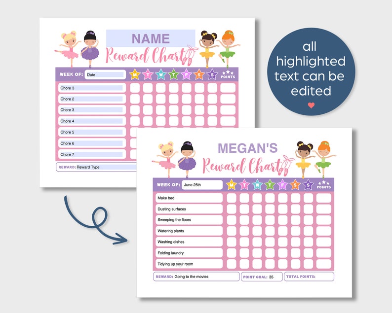 EDITABLE Ballerina Reward Chart, Chore Chart, Girls Reward Chart, Daily ...