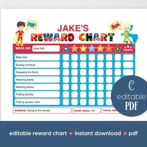 EDITABLE Superhero Reward Chart, Chore Chart, Boy Reward Chart, Daily ...