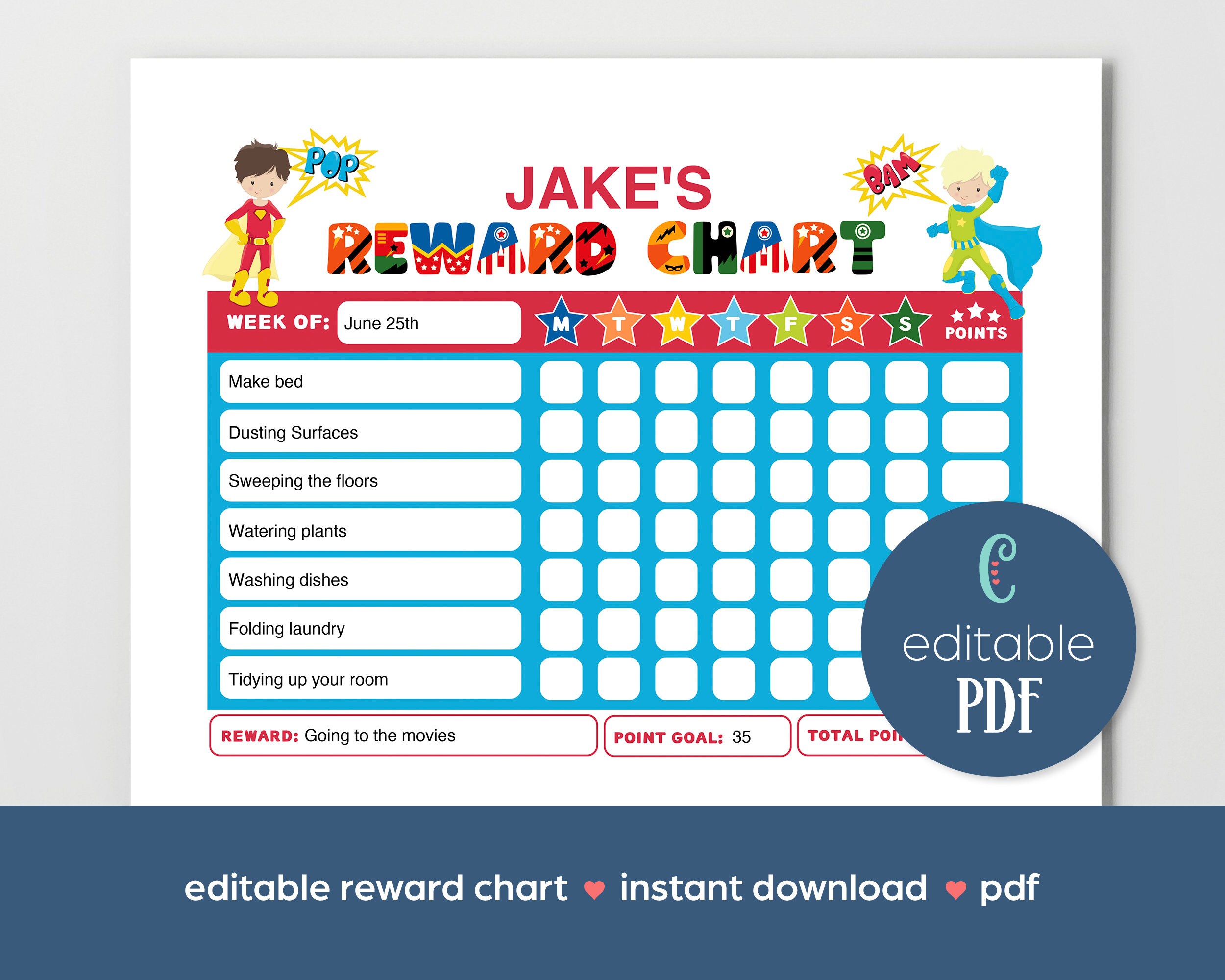 EDITABLE Superhero Reward Chart, Chore Chart, Boy Reward Chart, Daily ...