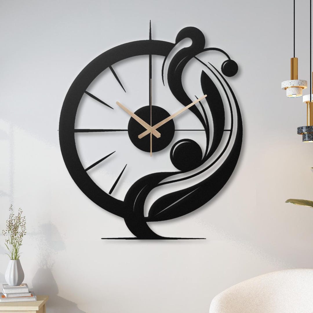 Modern Metal Wall Clock Black Swirl Design Contemporary Large Clock Art ...