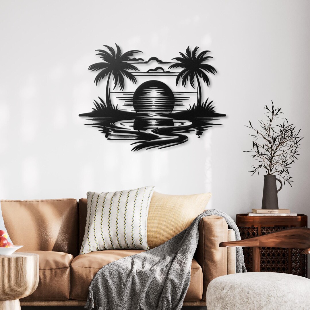 Mountain and Moon Metal Wall Art Rustic Palm Tree Landscape Decor - Etsy