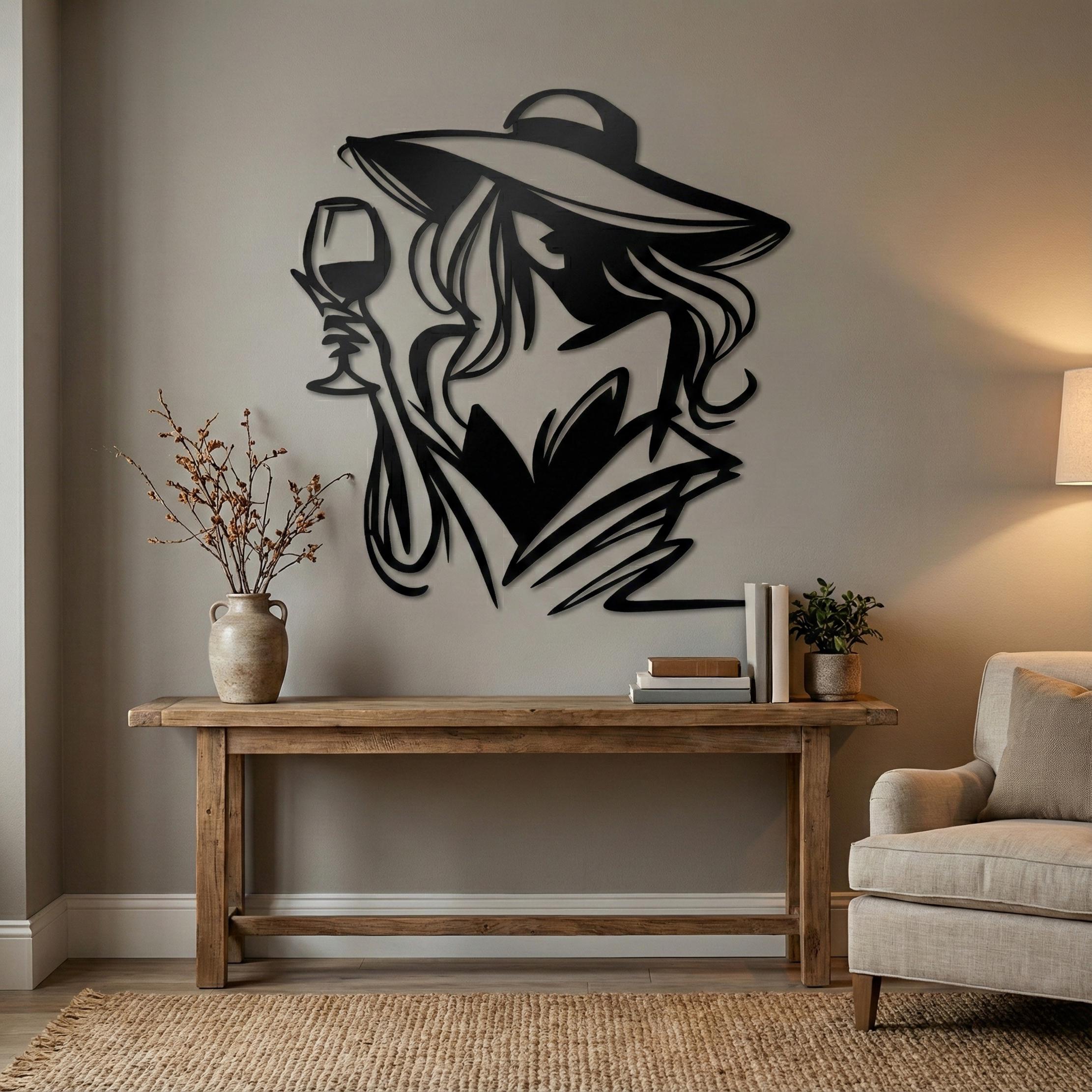 Metal Wine Lady Wall Art, Woman Silhouette With Glass Decor, Feminine ...