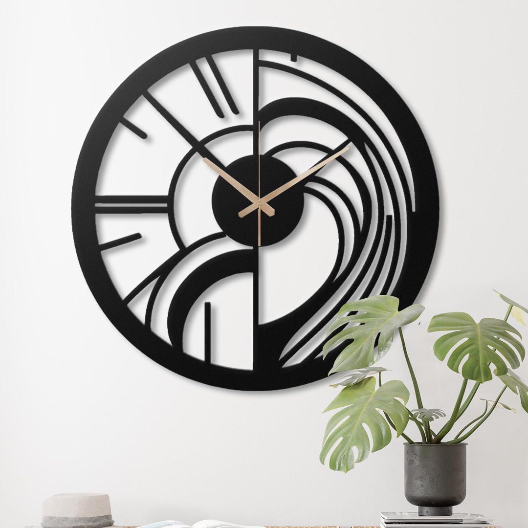 Art Deco Wall Clock Black Metal Art Geometric Design Modern Large Clock ...