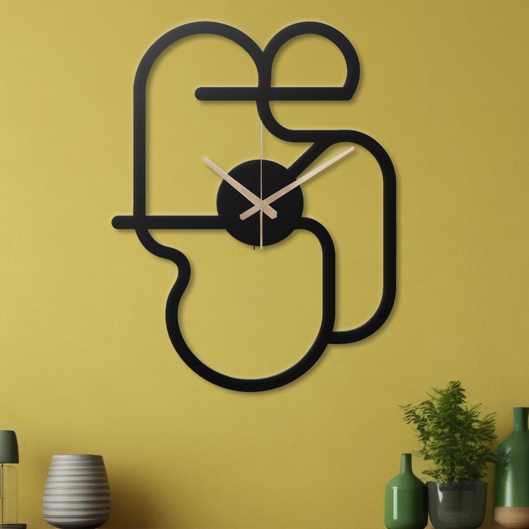 Modern Abstract Wall Clock Black Metal Art Minimalist Curved Lines ...